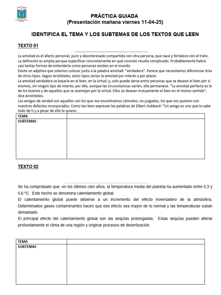 Práctica Guiada (Presentación Mañana Viernes 11-04-25) Identifica El Tema Y Los Subtemas de Los ...