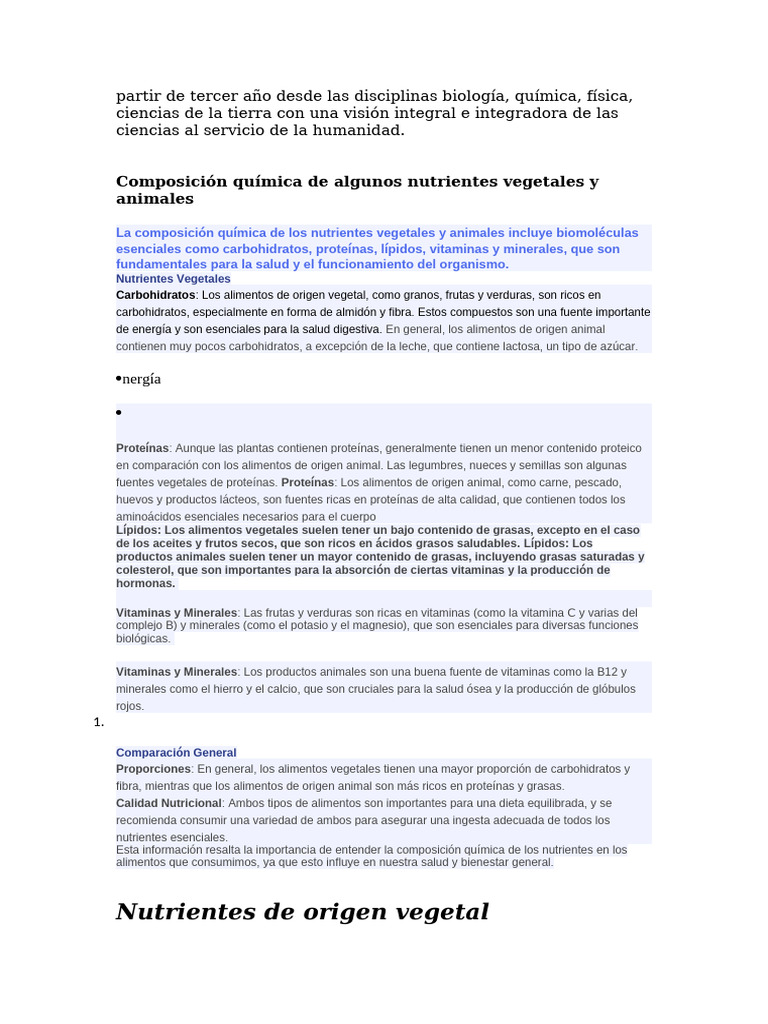 Comparativa de Nutrientes: Vegetales vs Animales | PDF | Nutrientes ...