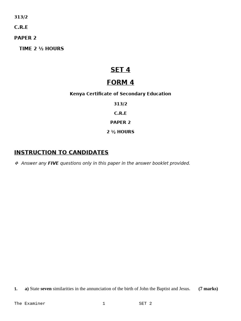 Cre Form 4 P2 Question Paper | PDF | Jesus | Abrahamic Religions
