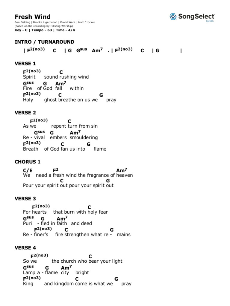 Fresh Wind Songselect Chart in C | PDF | Theology | Christian Belief ...