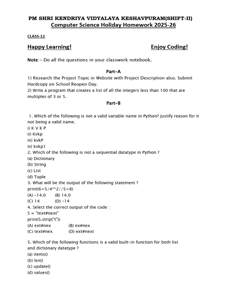 Holiday H.W Class 12 CS 2025-26 | PDF | Data Type | Computer Science