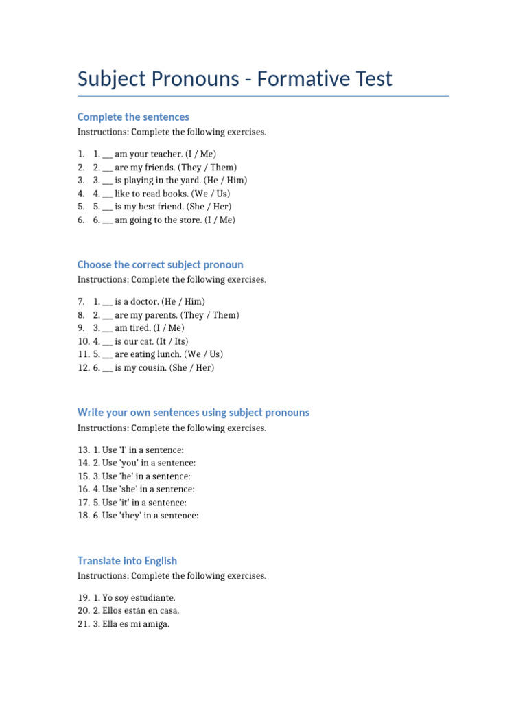 Subject Pronouns Formative Test | PDF