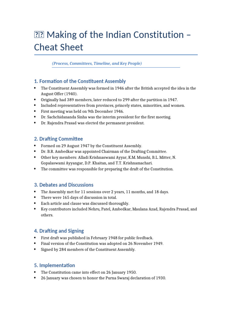 Making of Indian Constitution Updated Cheat Sheet | PDF | Political ...
