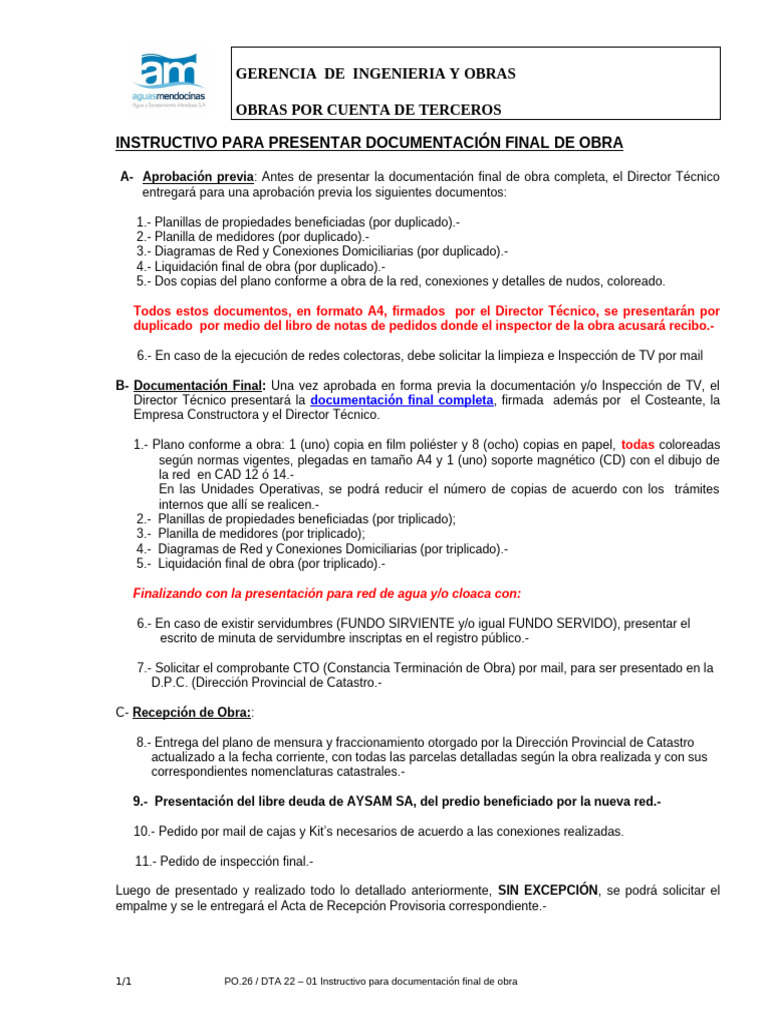 AYSAM Instructivo de Presentación Documentacion Final de Obra - ACTUALIZADO | PDF