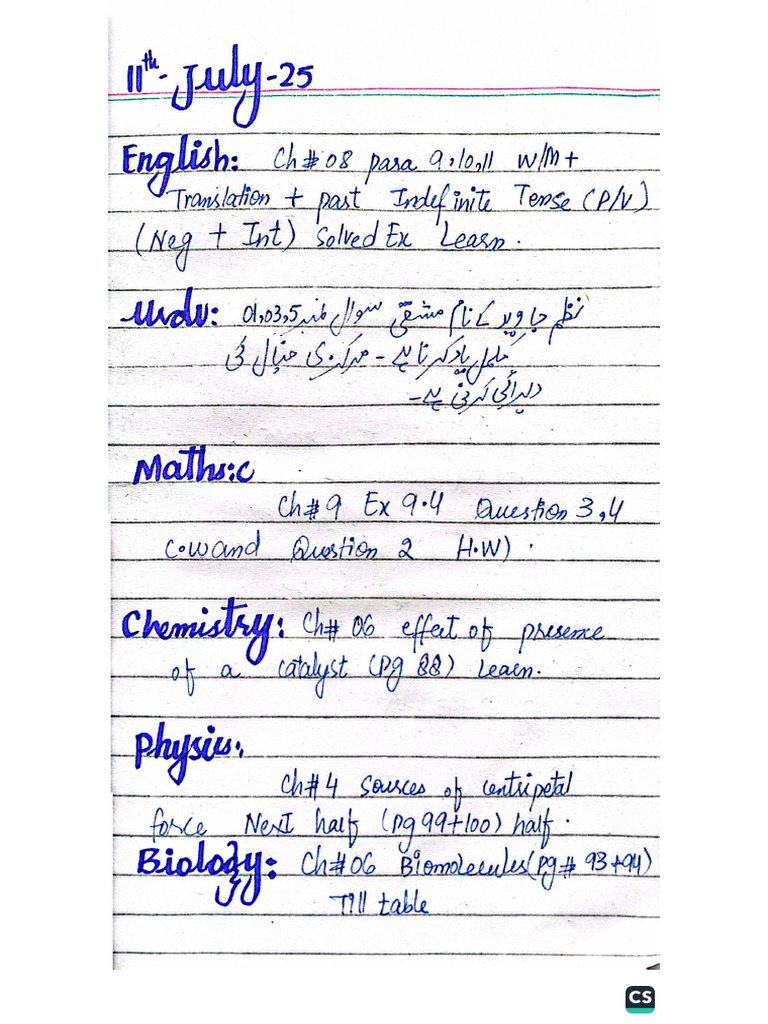 Class 9th Diary 11-07-2025 | PDF