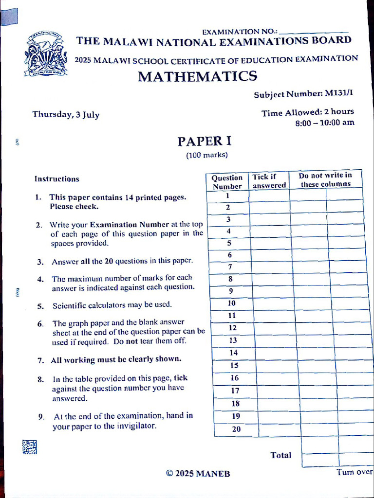 2025 Msce Mat PP I | PDF