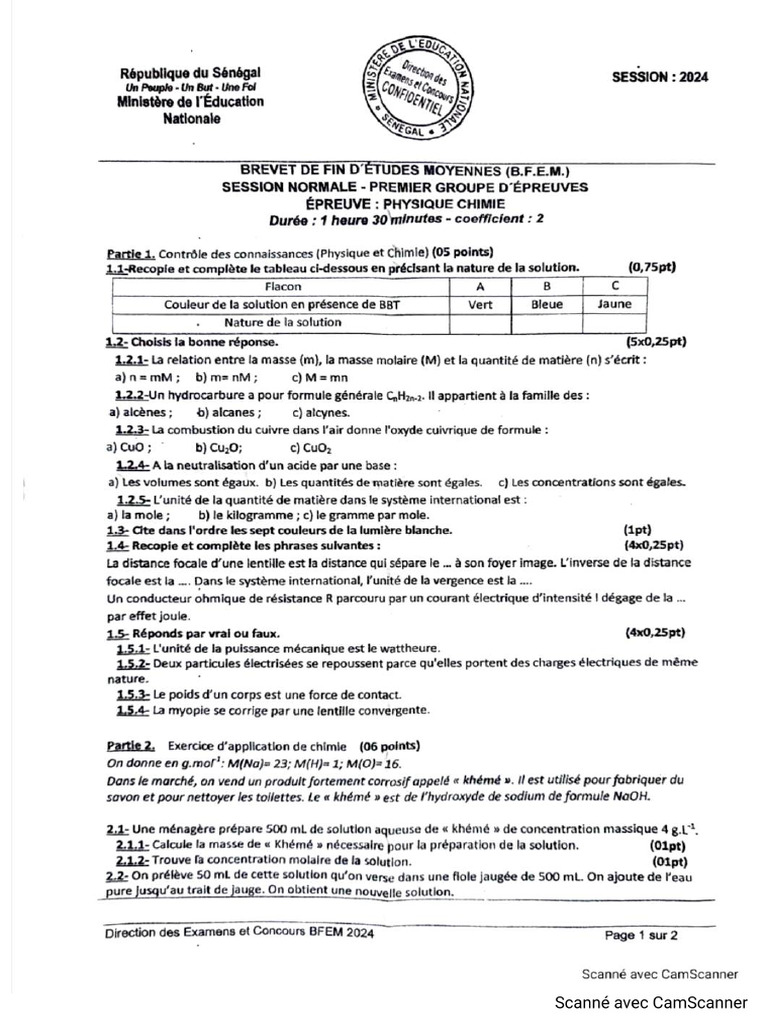 Épreuve PC Bfem 2024 PDF | PDF