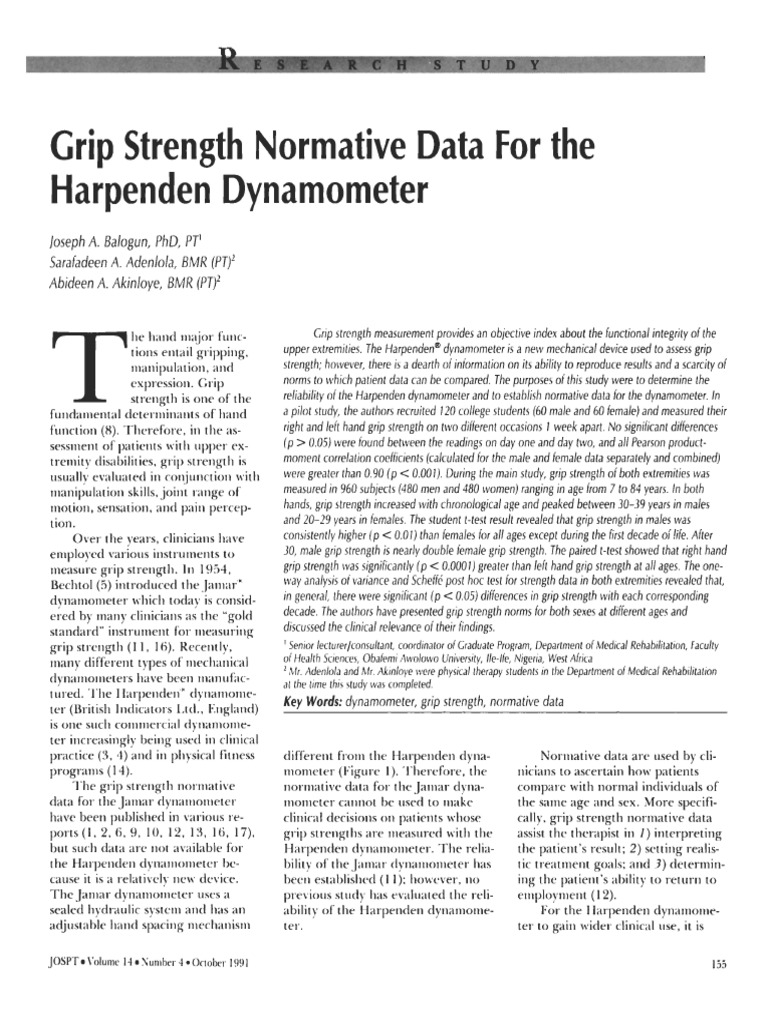 Balogun Et Al 1991 Grip Strength Normative Data For The Harpenden ...