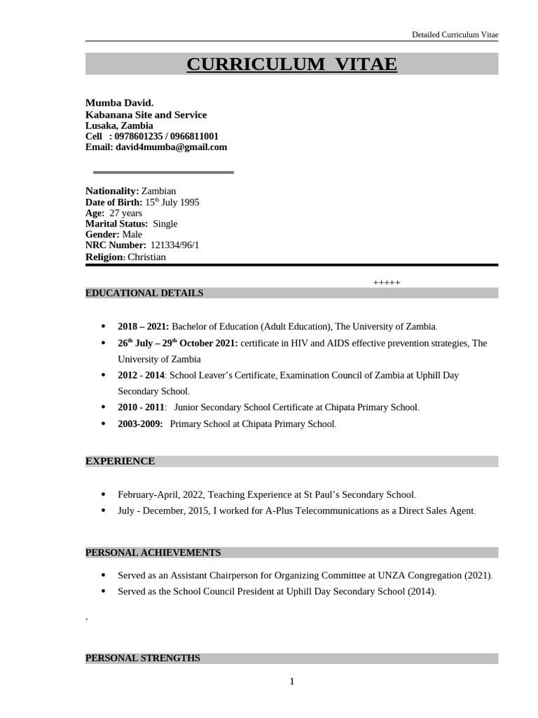 Sample of a CV (English) | PDF | Zambia | Learning