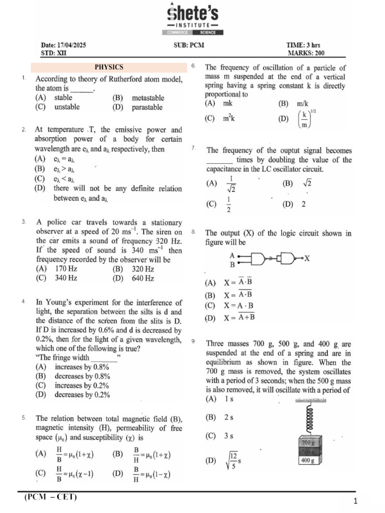 Xiith - Mht-Cet - Cm12-018 - PCM - QP | PDF