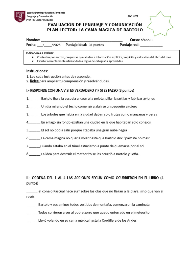 Prueba Plan Lector Bartolo | PDF