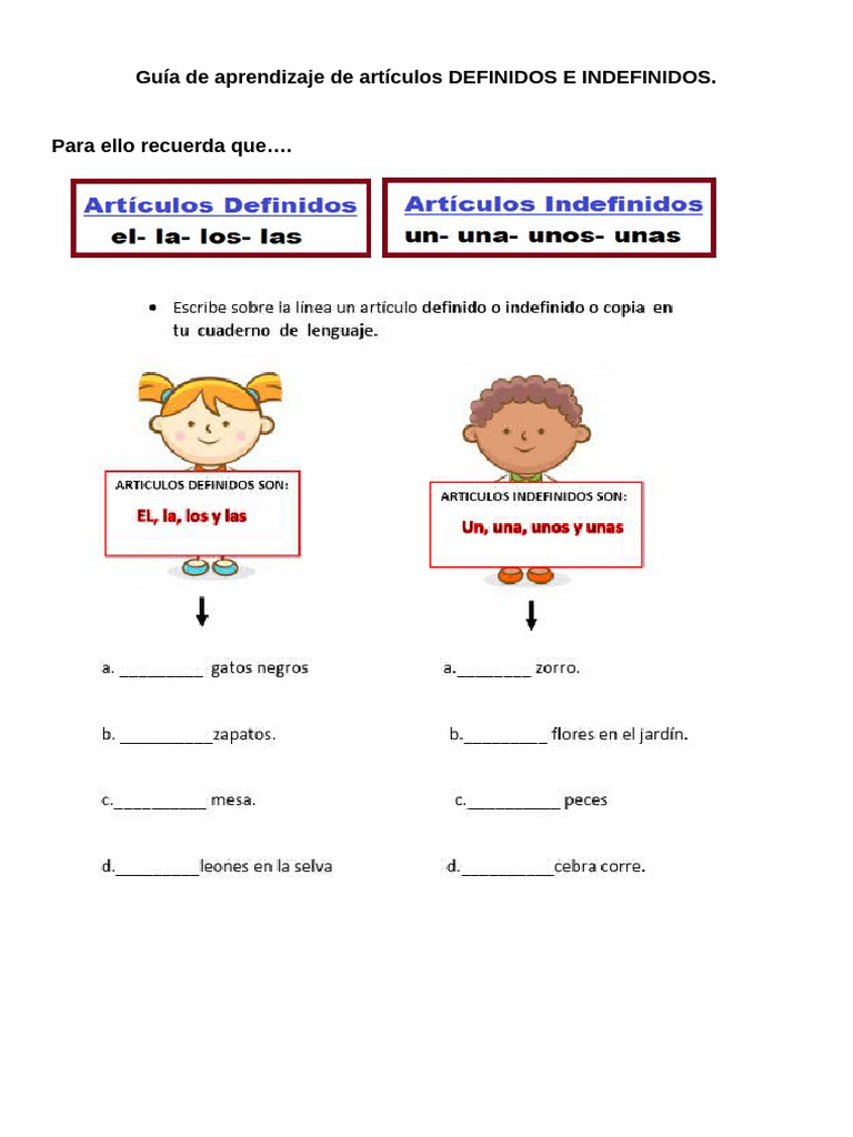 Guia de Aprendizaje de Articulos Definidos e Indefinidos | PDF
