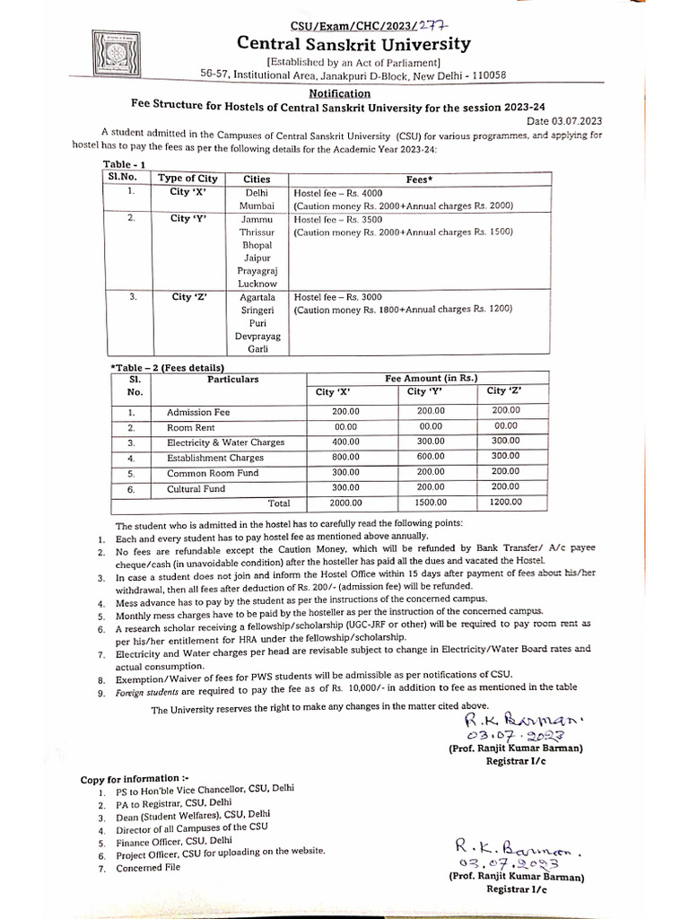 2023 07 01 Fee Structure Hostel | PDF