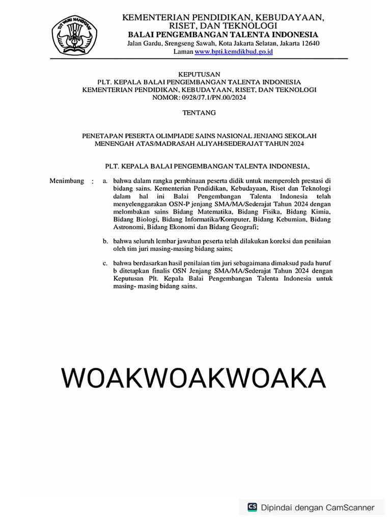 SK Penetapan Peserta Osp Jenjang Sma Tahun 2025 | PDF