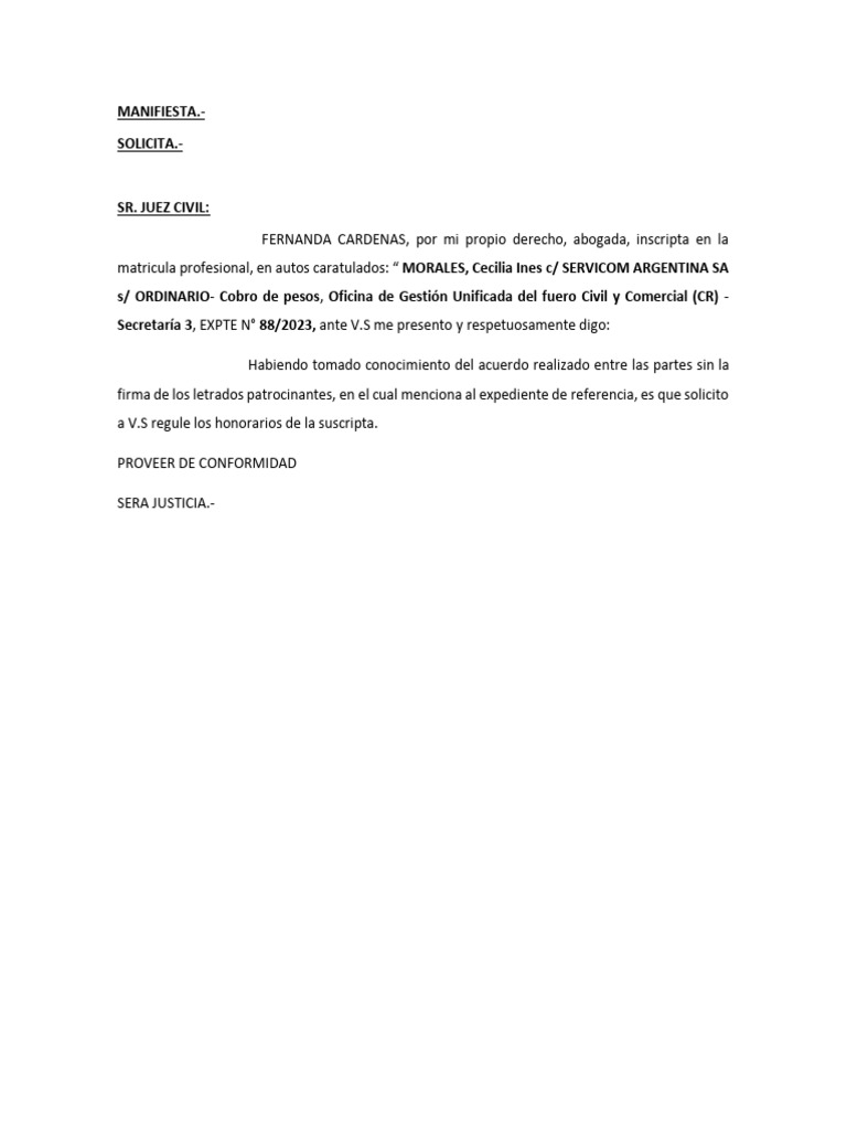 Modelo Manifiesta Acuerdo en Juicio Civil | PDF