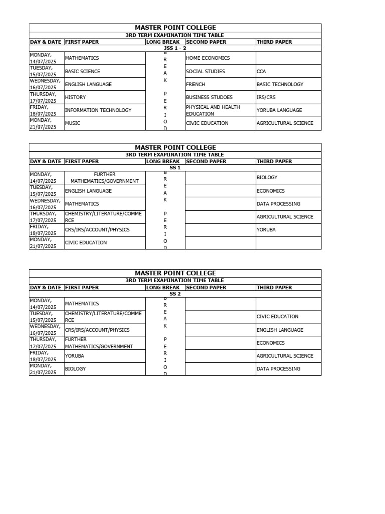 3RD Term Exam Timetable | PDF | Science