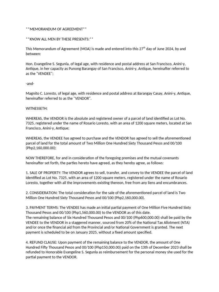 MOA Land Purchase For Plaza | PDF | Natural Resources Law | Property Law