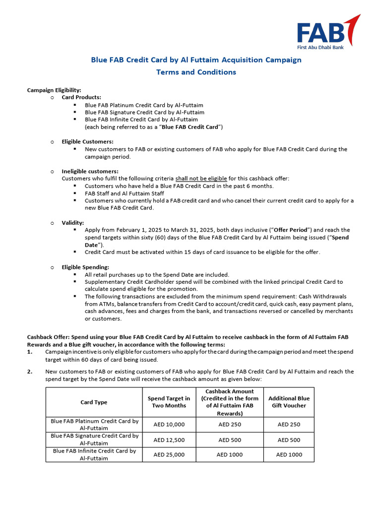 Blue FAB Credit Card Campaign Details | PDF | Credit Card | Gift Card