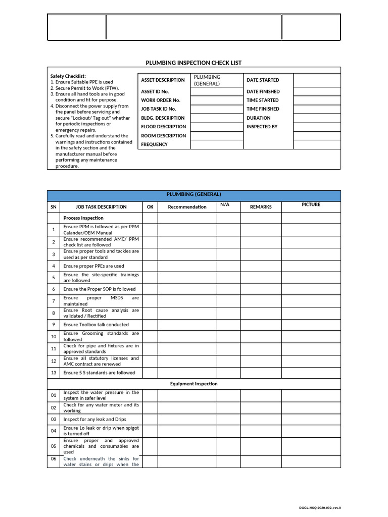 Plumbing Inspection Safety Checklist | PDF
