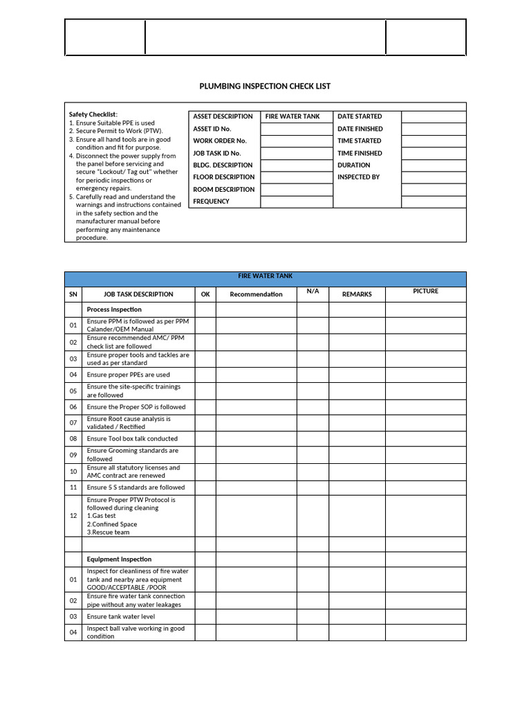 Plumbing Inspection Checklist Template | PDF
