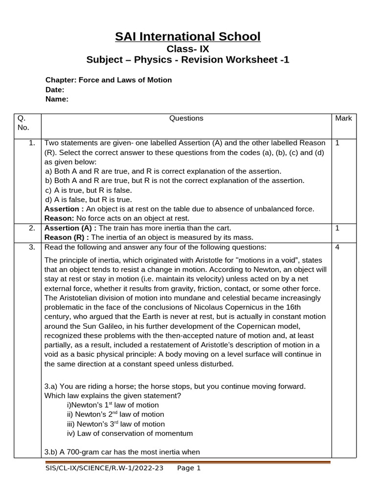Ix Phy RW FLM Worksheet 1 QP | PDF | Inertia | Force