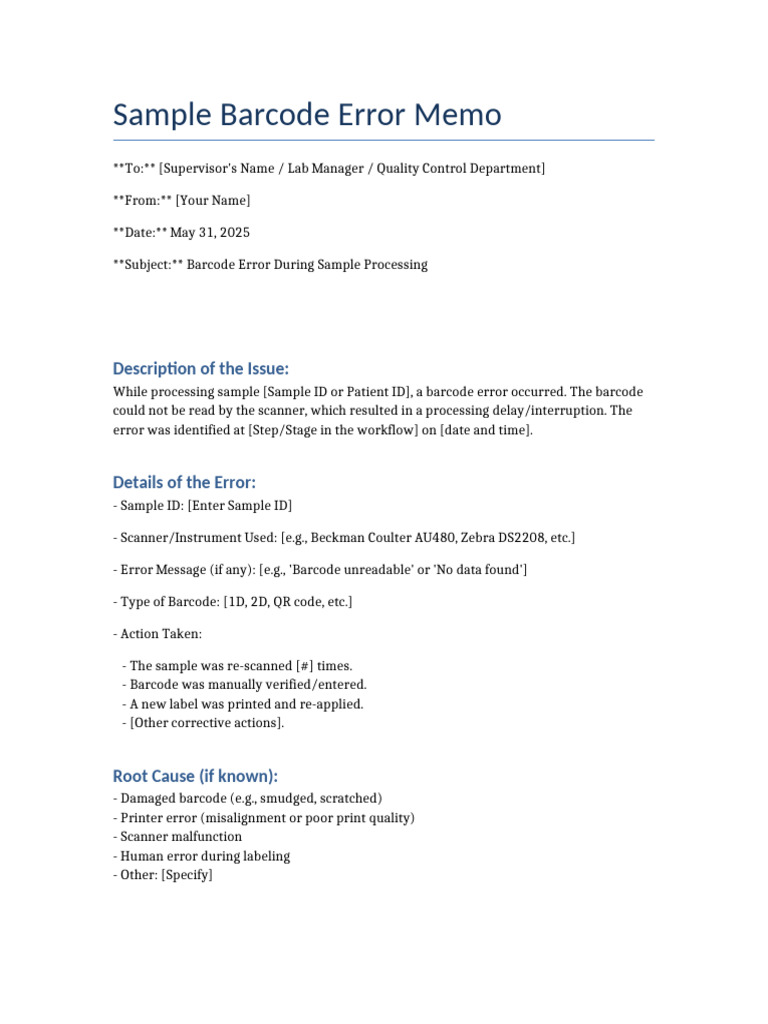 Barcode Error Memo for Sample Processing | PDF
