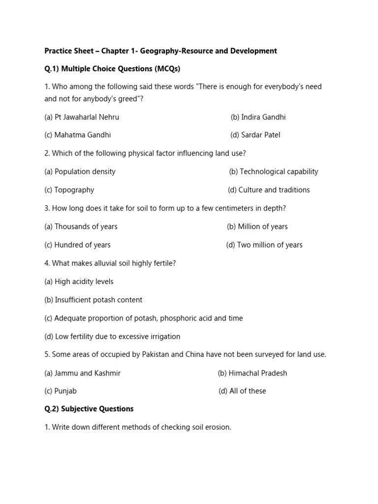 Gr10 - Geo - Chp1 - Resource and Development - Practice Sheet | PDF
