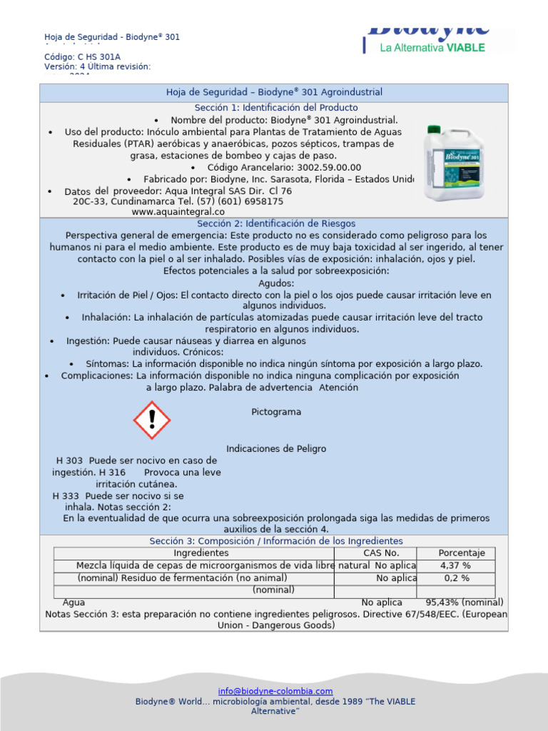 Hoja de Seguridad Biodyne 301 | PDF | Residuos | Agua