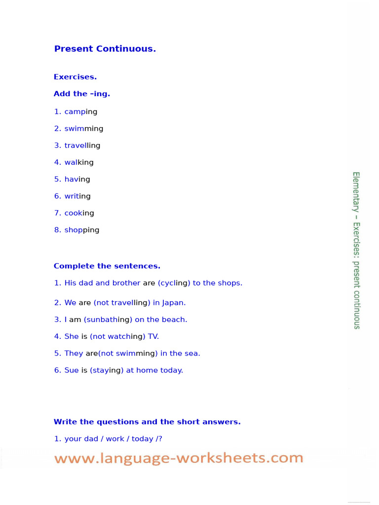 Present Continuous.: Exercises. Add The - Ing | PDF