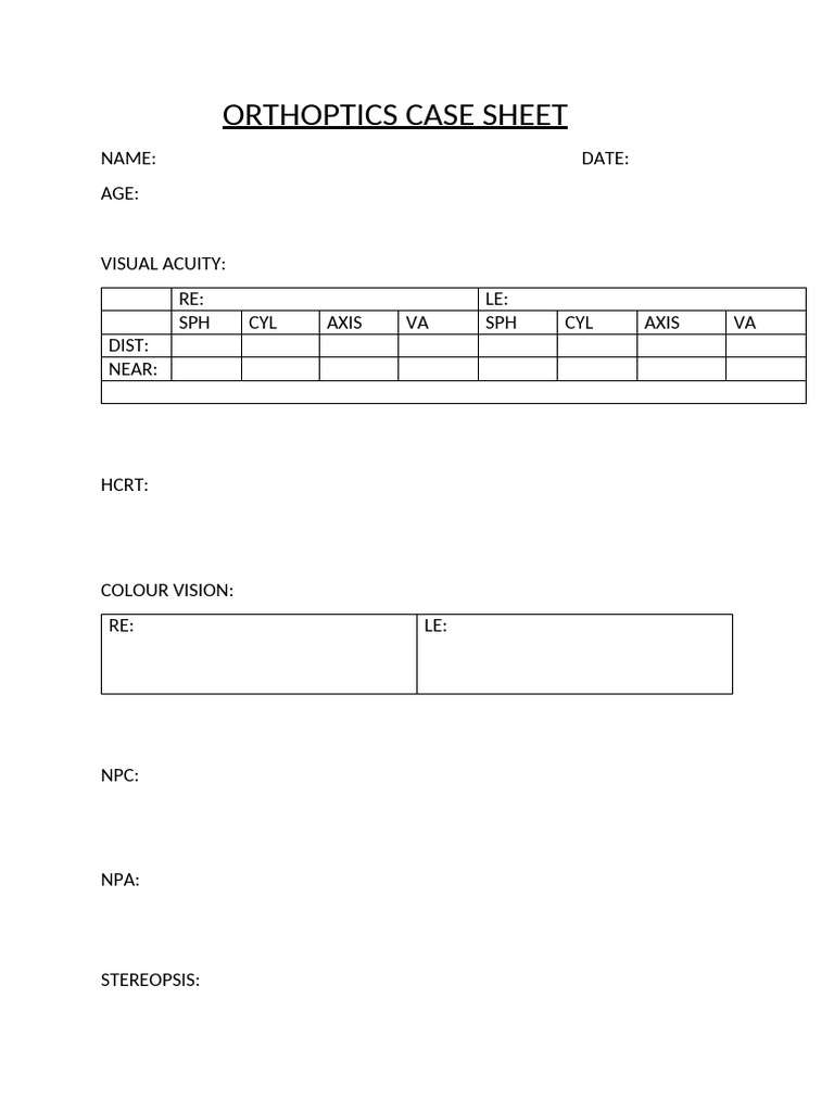 Orthoptics Case Sheet | PDF
