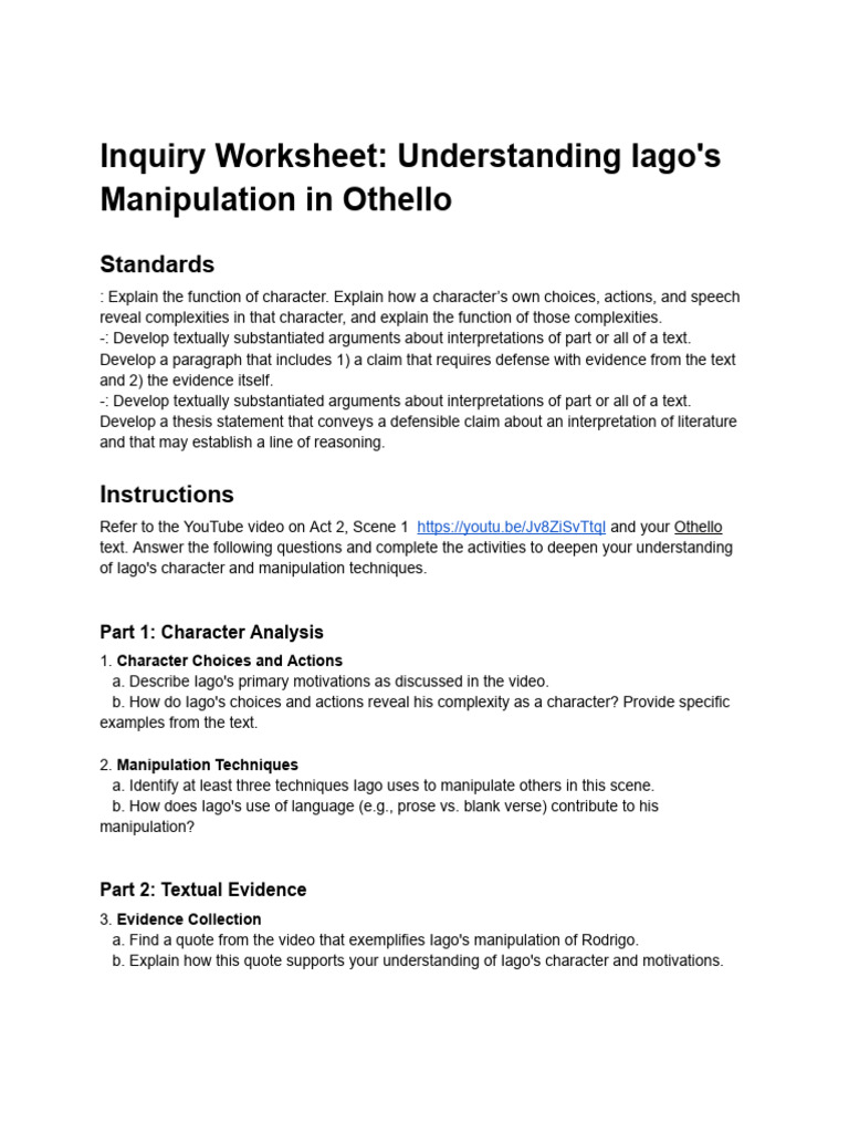 Week 2 Othello Inquiry Worksheet | PDF
