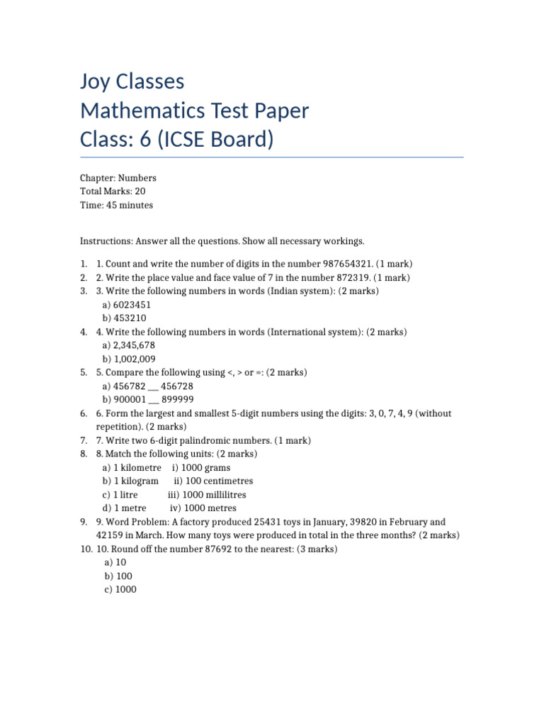 Class6 ICSE Numbers Test Paper | PDF