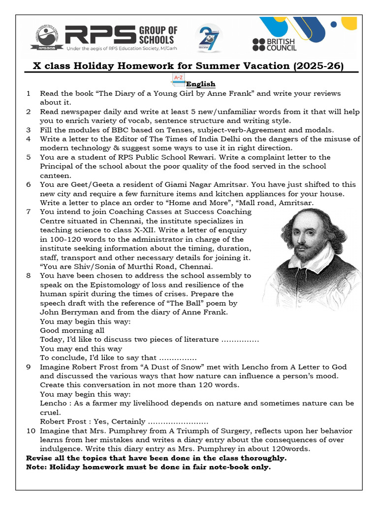 X Class Holiday Homework Summer Vacation 2025-26 | PDF