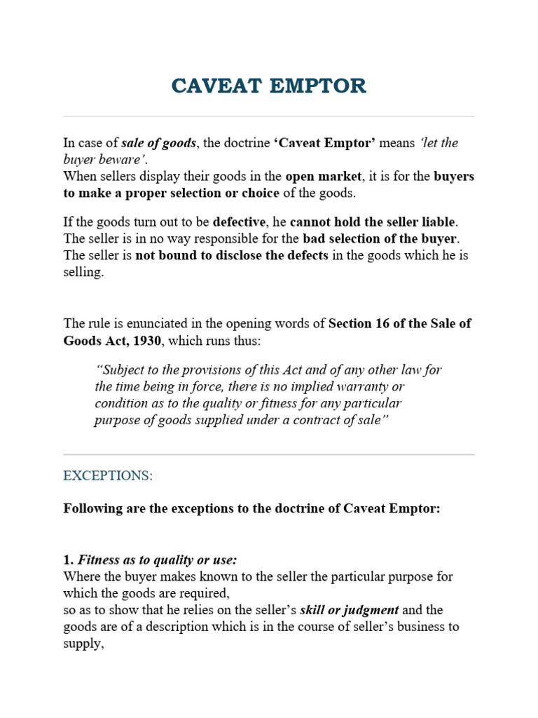 Caveat Emptor - Sale of Goods Act 1930 | PDF | Business Law | Private Law