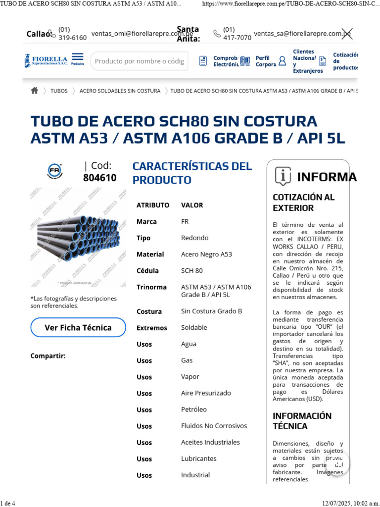 Tubo de Acero Sch80 Sin Costura Astm A53 - Astm A106 Grade B - API 5l | PDF | Materiales