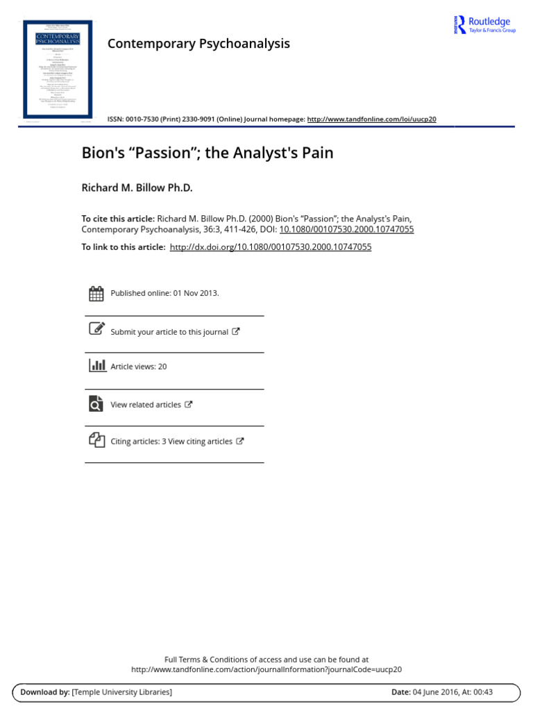 Richard Billow - Bion's Passion The Analyst's Pain (2000) | PDF ...