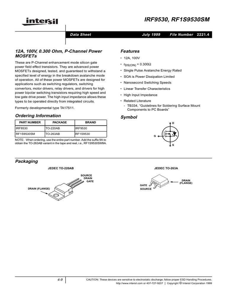 IRF9530, RF1S9530SM: 12A, 100V, 0.300 Ohm, P-Channel Power Mosfets ...