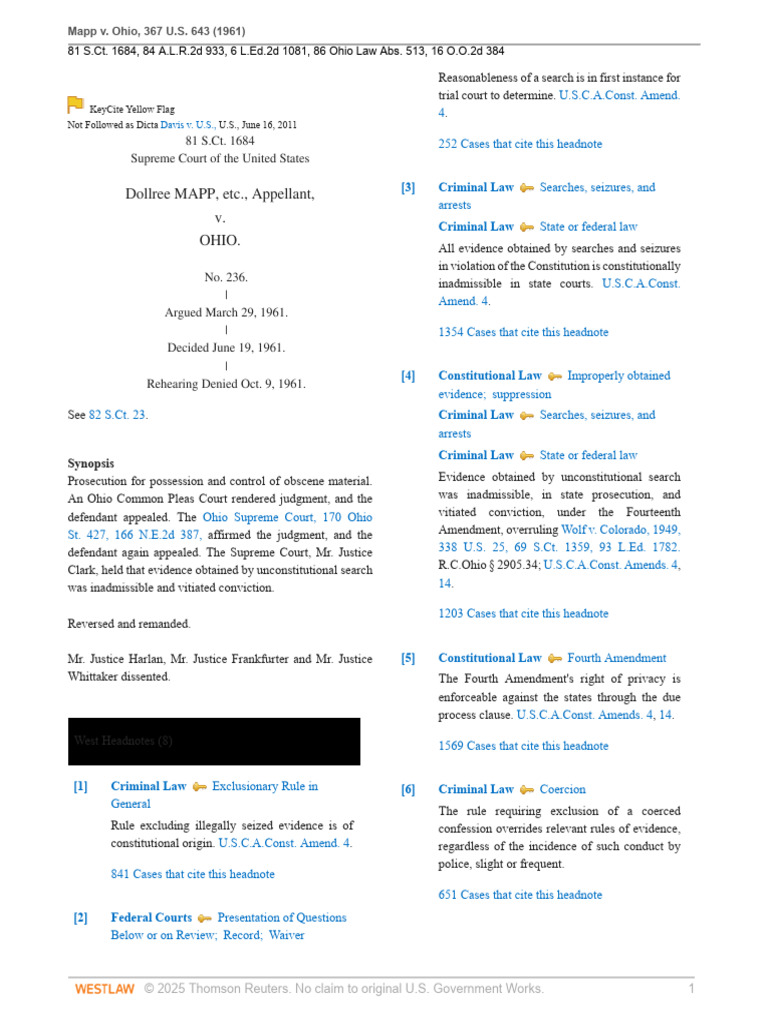 Mapp V Ohio | PDF | Mapp V. Ohio | Fourth Amendment To The United ...