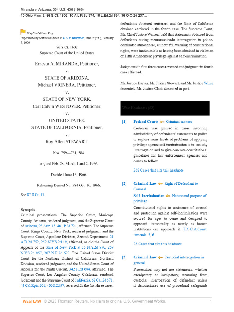 Miranda v. Arizona: Rights in Custody | PDF | Right To Silence ...