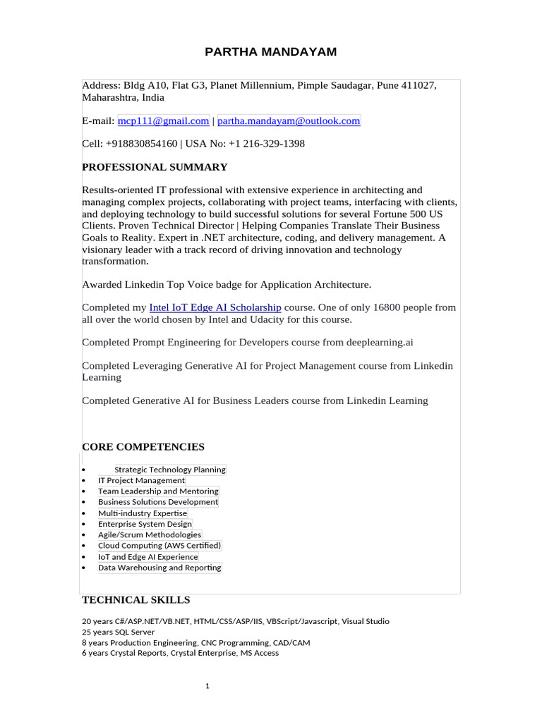 Partha Mandayam Resume2-1 | PDF | Ajax (Programming) | Microsoft Sql Server