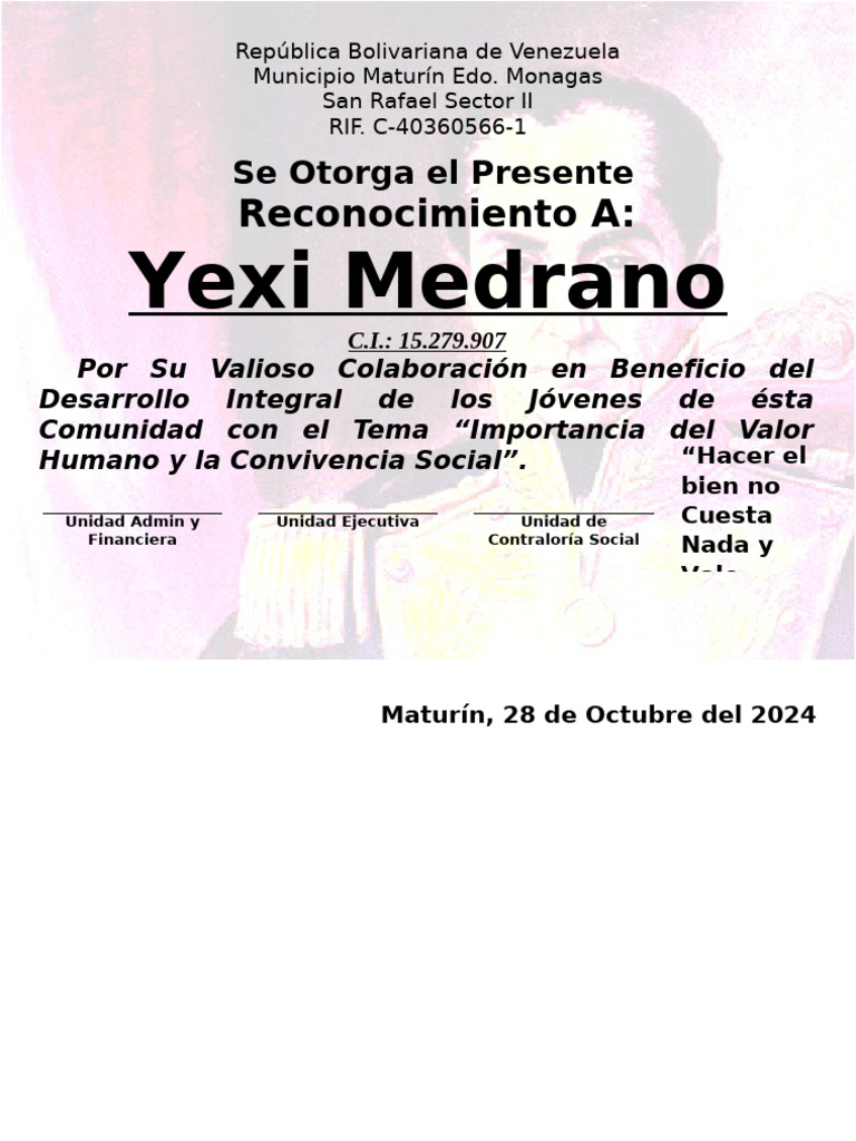 Reconocimiento a Yexi Medrano por Convivencia Social | PDF