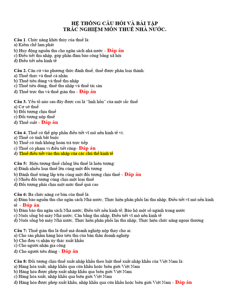 Trac Nghiem Mon Thue Co Dap An | PDF