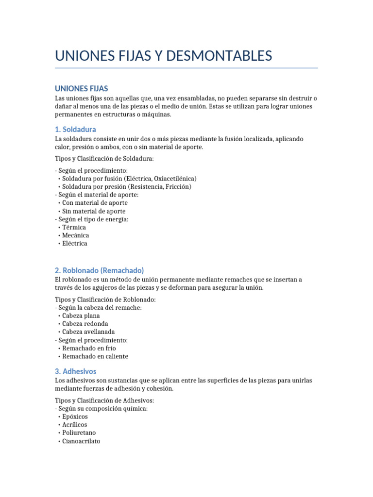 Uniones Fijas y Desmontables: Tipos y Usos | PDF | Remache | Soldadura