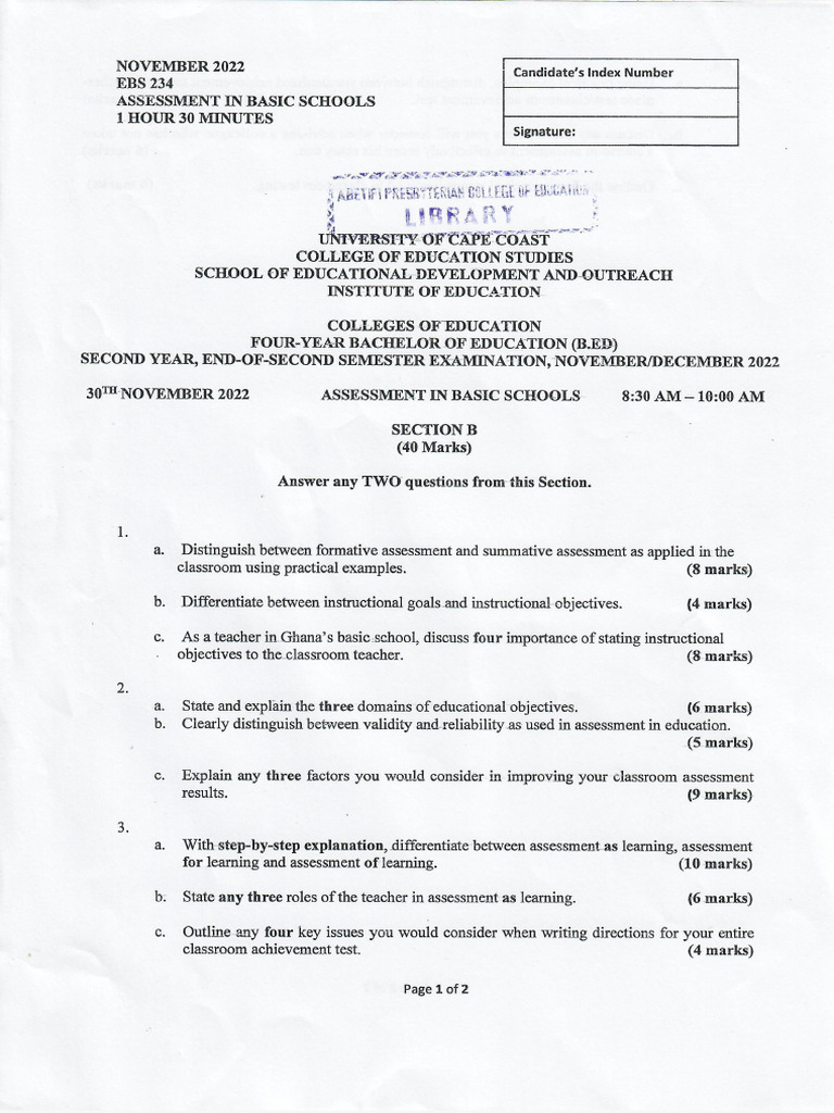 Assessment in Basic Schools EBS 234 End of Sem 2022 | PDF ...