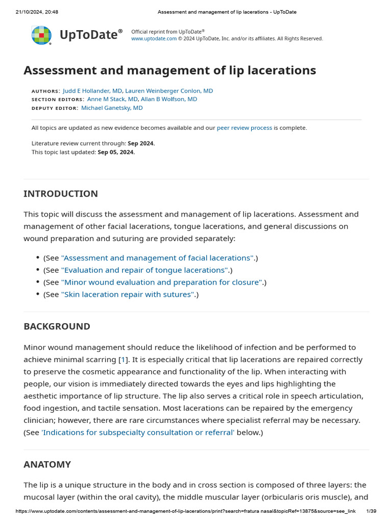 Assessment and Management of Lip Lacerations - UpToDate | PDF | Wound | Lip