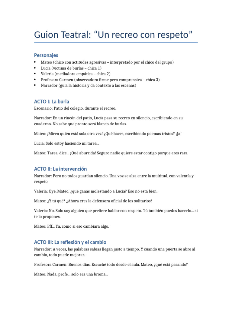 Guion Teatro Un Recreo Con Respeto Narrador Completo | PDF