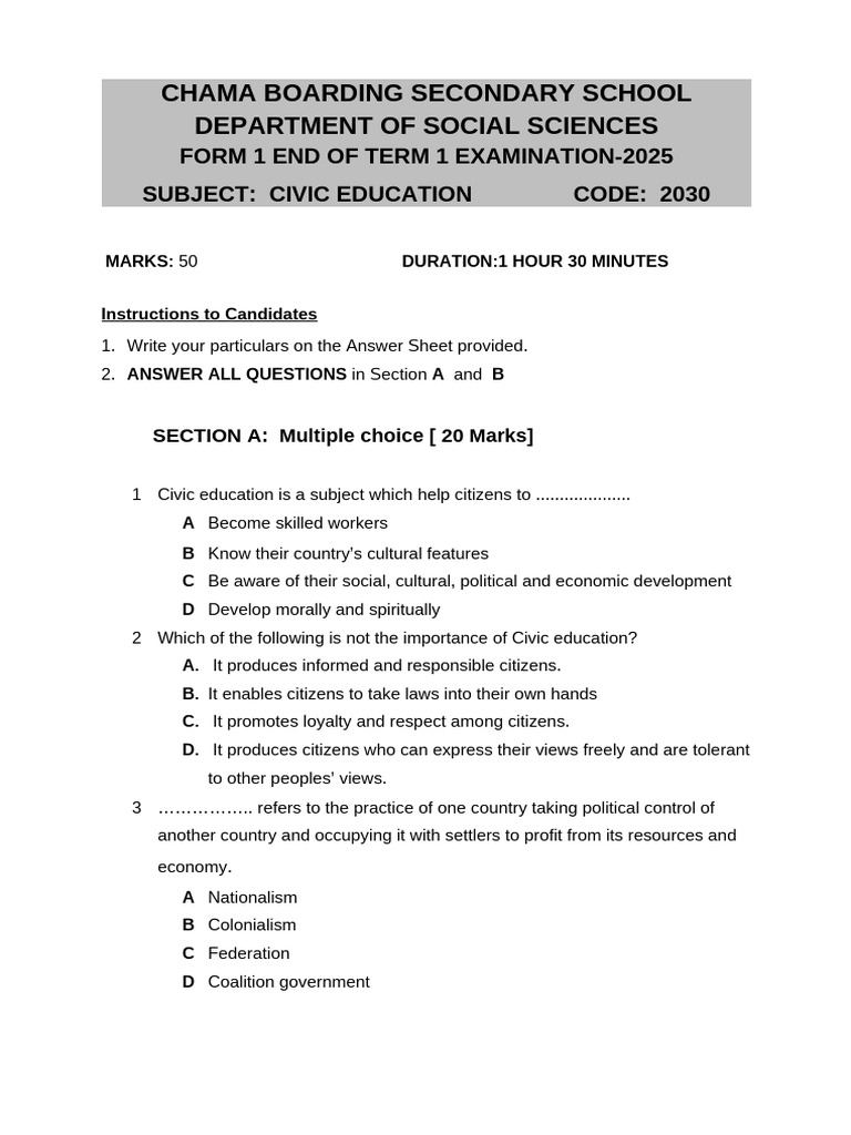 Form 1 Civic Education Exam 2025 | PDF | Justice | Crime & Violence