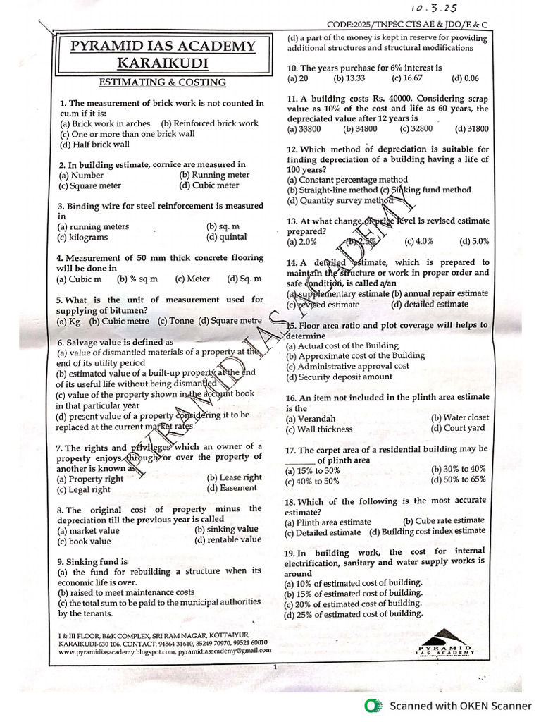 Estimating and Costing Question Paper | PDF