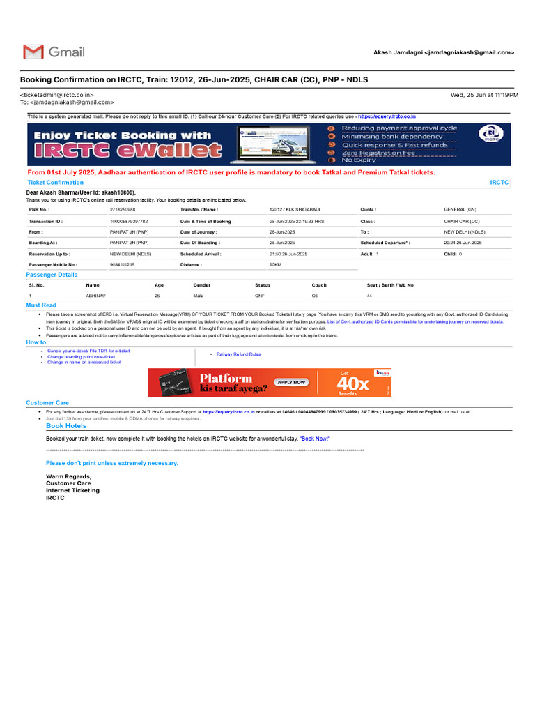 Booking Confirmation On IRCTC, Train - 12012, 26-Jun-2025, CHAIR CAR ...