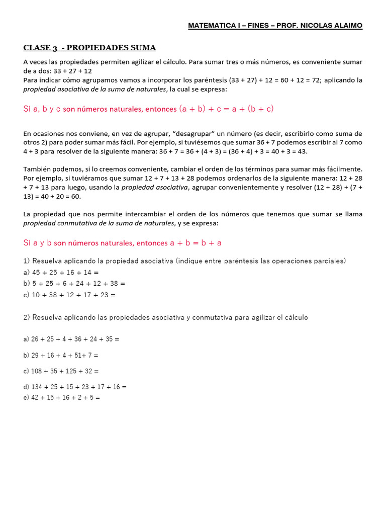 Fines MTM 1 - Clase 3 - PROPIEDADES SUMA | PDF